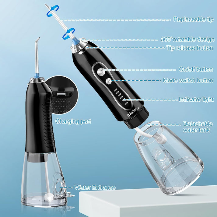 h2ofloss Oral Irrigator Dental Water Flosser Portable HF-6 Black